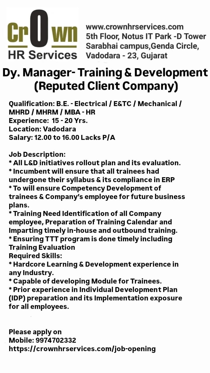 Crown HR | Dy. Manager - Training & Development| Job-Opening